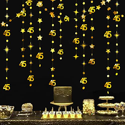 Gold 45th Birthday Decorations Number 45 Circle Dot Twinkle Star Garland Metallic Hanging Streamer Bunting Banner Backdrop for Women Mens 45 Year Old Birthday Forty Five Anniversary Party Supplies