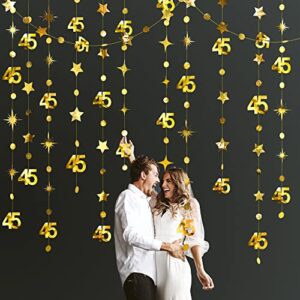 Gold 45th Birthday Decorations Number 45 Circle Dot Twinkle Star Garland Metallic Hanging Streamer Bunting Banner Backdrop for Women Mens 45 Year Old Birthday Forty Five Anniversary Party Supplies