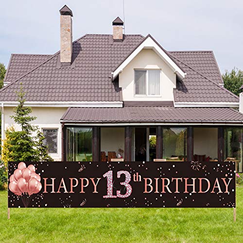 Kauayurk 13th Birthday Banner Decorations for Girls, Large Happy 13 Year Old Birthday Party Decorations Supplies Sign, Rose Gold Thirteen Birthday Decor Photo Prop (9.8x1.6ft)