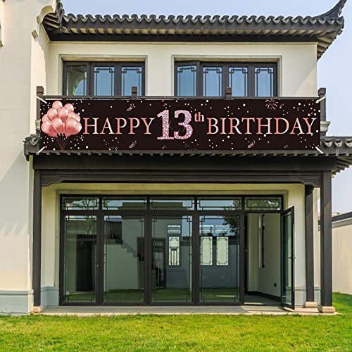 Kauayurk 13th Birthday Banner Decorations for Girls, Large Happy 13 Year Old Birthday Party Decorations Supplies Sign, Rose Gold Thirteen Birthday Decor Photo Prop (9.8x1.6ft)