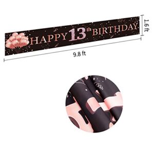 Kauayurk 13th Birthday Banner Decorations for Girls, Large Happy 13 Year Old Birthday Party Decorations Supplies Sign, Rose Gold Thirteen Birthday Decor Photo Prop (9.8x1.6ft)