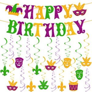 mardi gras birthday decoration carnival happy birthday banner glitter green gold purple hanging swirls decor fat tuesday new orleans masquerade fleur de lis theme festival party supplies