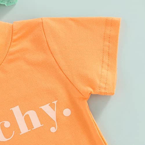 3Pcs Baby Girl Summer Clothes Set Letter Print Short Sleeve T Shirt Top Floral Shorts Headband Outfit (Orange Peachy, 6-12 Months)