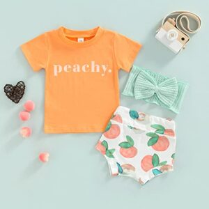 3Pcs Baby Girl Summer Clothes Set Letter Print Short Sleeve T Shirt Top Floral Shorts Headband Outfit (Orange Peachy, 6-12 Months)