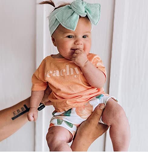 3Pcs Baby Girl Summer Clothes Set Letter Print Short Sleeve T Shirt Top Floral Shorts Headband Outfit (Orange Peachy, 6-12 Months)