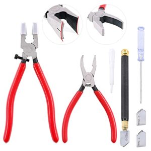 keadic professional glass cutter tool set with glass breaking pliers, glass running pliers, 2mm-20mm oil feed carbide tip with 2 replaceable blades for mirrors/windows/mosaic/stained glass