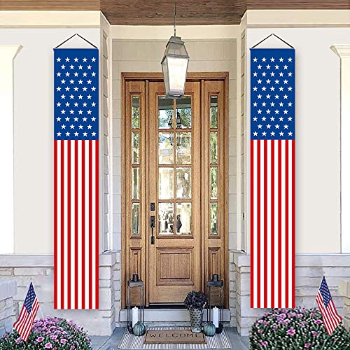 SU2SON American Flag Porch Signs Outdoor Decorations Banner, 4th of July Stars and Stripes Hanging Banner for Front Door Indoor