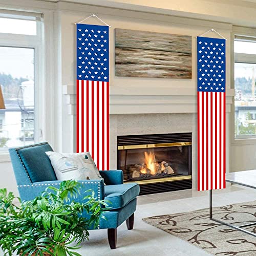 SU2SON American Flag Porch Signs Outdoor Decorations Banner, 4th of July Stars and Stripes Hanging Banner for Front Door Indoor