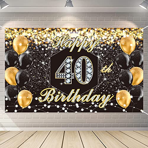 AILIBA 40th Birthday Banner Backdrop, 40th Birthday Party Decorations Black Gold 40th Birthday Photography Background, Black Gold Happy 40th Birthday Sign Birthday Party Supplies