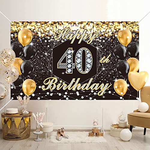 AILIBA 40th Birthday Banner Backdrop, 40th Birthday Party Decorations Black Gold 40th Birthday Photography Background, Black Gold Happy 40th Birthday Sign Birthday Party Supplies