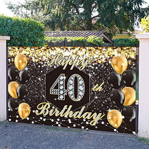 AILIBA 40th Birthday Banner Backdrop, 40th Birthday Party Decorations Black Gold 40th Birthday Photography Background, Black Gold Happy 40th Birthday Sign Birthday Party Supplies