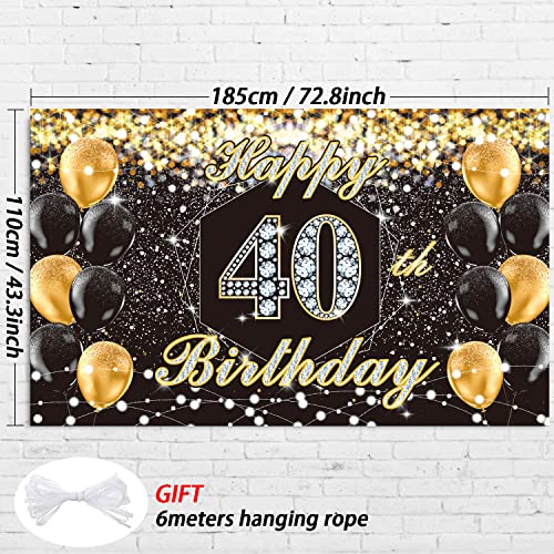 AILIBA 40th Birthday Banner Backdrop, 40th Birthday Party Decorations Black Gold 40th Birthday Photography Background, Black Gold Happy 40th Birthday Sign Birthday Party Supplies