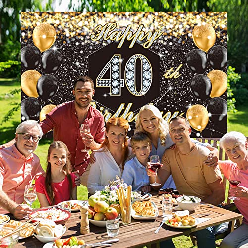 AILIBA 40th Birthday Banner Backdrop, 40th Birthday Party Decorations Black Gold 40th Birthday Photography Background, Black Gold Happy 40th Birthday Sign Birthday Party Supplies