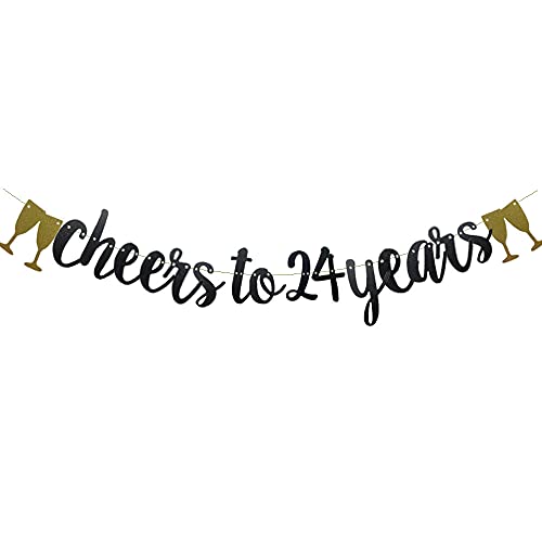 Cheers To 24 Years Banner,Pre-Strung, Black Paper Glitter Party Decorations For 24TH Wedding Anniversary 24 Years Old 24TH Birthday Party Supplies Letters Black Betteryanzi