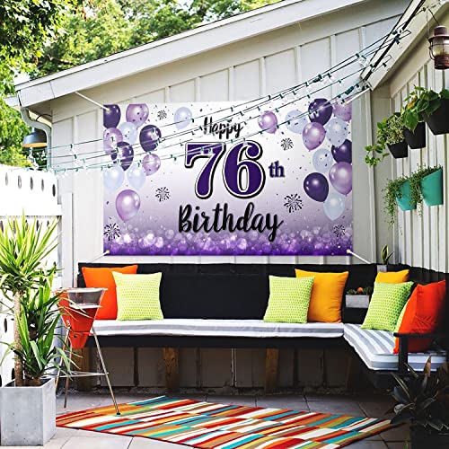 LASKYER Happy 76th Birthday Purple Large Banner - Cheers to 76 Years Old Birthday Home Wall Photoprop Backdrop,76th Birthday Party Decorations.