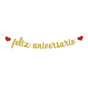 t-minimalist feliz aniversario banner, spanish happy anniversary theme party decorations, fiesta mexican theme sign gold 9.5 feet