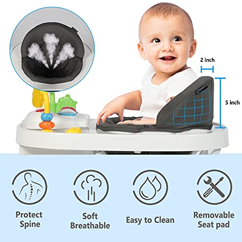 Kinder King 3 in 1 Folding Baby Walker, Activity Walker for Boys Girls, Learning-Seated, Toddler Walk-Behind w/Music Toys, Adjustable Height & Speed, Safety Bumper, Infant Walker Anti-Rollover, Grey