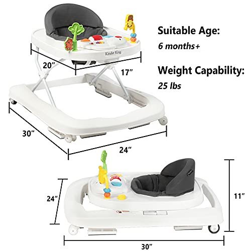 Kinder King 3 in 1 Folding Baby Walker, Activity Walker for Boys Girls, Learning-Seated, Toddler Walk-Behind w/Music Toys, Adjustable Height & Speed, Safety Bumper, Infant Walker Anti-Rollover, Grey