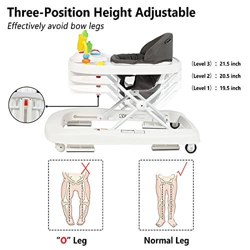 Kinder King 3 in 1 Folding Baby Walker, Activity Walker for Boys Girls, Learning-Seated, Toddler Walk-Behind w/Music Toys, Adjustable Height & Speed, Safety Bumper, Infant Walker Anti-Rollover, Grey