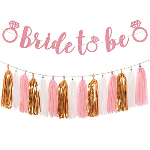 AONOR Rose Gold Bachelorette Party Decorations - Glittery Letters Bride to Be Banner, Tissue Paper Tassels Garland Set for Engagement Party, Bridal Shower Decorations Supplies