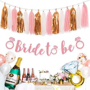 AONOR Rose Gold Bachelorette Party Decorations - Glittery Letters Bride to Be Banner, Tissue Paper Tassels Garland Set for Engagement Party, Bridal Shower Decorations Supplies