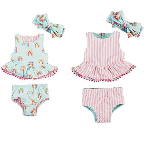 Mud Pie Girls Reversible Swimsuit & Headband Set, Rainbow, 6-9 Months