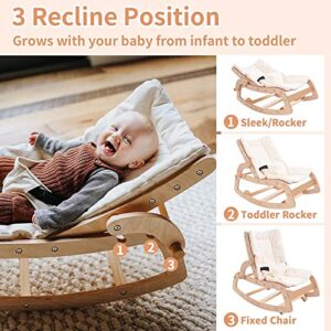 Little Dove Baby Bouncer 3-in-1 Convertible Wooden Recliner and Rocker Chair for Toddler - with Removable Cushion, Seat Belt and Booster