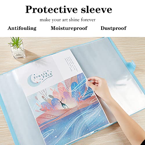 MH4D A3 Plastic Art Portfolio Bag, Large Waterproof Folder Document Organizer with 30 Pags Clear Pocket Protectors Handle, Artwork Report Sheet Letter Poster Storage Bag for School Office