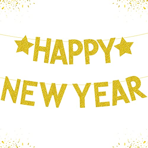 Big, Glitter Happy New Year Banner - 10 Feet, No DIY | Gold Happy New Year Sign for New Years Eve Party Supplies 2023 | New Years Eve Banner for Happy New Year Decorations 2023 | NYE Decorations 2023