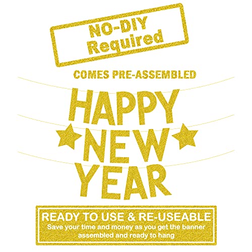 Big, Glitter Happy New Year Banner - 10 Feet, No DIY | Gold Happy New Year Sign for New Years Eve Party Supplies 2023 | New Years Eve Banner for Happy New Year Decorations 2023 | NYE Decorations 2023