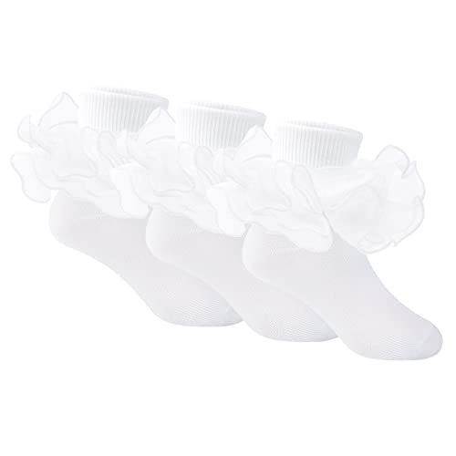 Auranso 3 Pack Girls Lace Ruffle Socks Big Double Frilly Turn Cuff Dress Socks White 18-24 Months