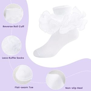 Auranso 3 Pack Girls Lace Ruffle Socks Big Double Frilly Turn Cuff Dress Socks White 18-24 Months