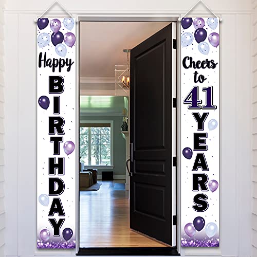 LASKYER Happy 41st Birthday Purple Door Banner - Cheers to 41 Years Old Birthday Front Door Porch Sign Backdrop,41st Birthday Party Decorations.