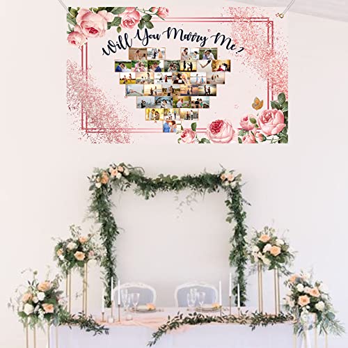 MEFENG Will you marry me Photo Backdrop Banner-Rose and Love shape Sign Photo Banner-Proposal Announcement Engagement Wedding Bridal Shower Party Decor-Indoor Outdoor Photo Backdrop Banner.6*3.6feet