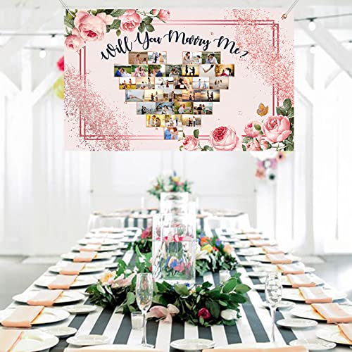 MEFENG Will you marry me Photo Backdrop Banner-Rose and Love shape Sign Photo Banner-Proposal Announcement Engagement Wedding Bridal Shower Party Decor-Indoor Outdoor Photo Backdrop Banner.6*3.6feet