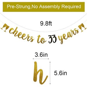 Cheers to 33 Years Banner，Pre-strung，33rd Birthday Party Decorations Supplies，Gold Glitter Paper Garlands Backdrops, Letters Gold Betteryanzi