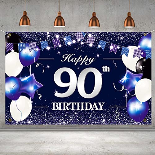 P.G Collin Happy 90th Birthday Banner Backdrop Sign Background 90 Birthday Party Decorations Supplies for Him Men 6 x 4ft, Blue White 90