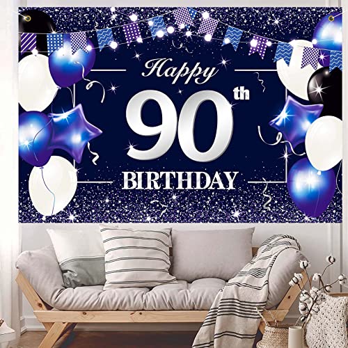 P.G Collin Happy 90th Birthday Banner Backdrop Sign Background 90 Birthday Party Decorations Supplies for Him Men 6 x 4ft, Blue White 90