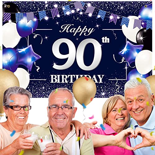 P.G Collin Happy 90th Birthday Banner Backdrop Sign Background 90 Birthday Party Decorations Supplies for Him Men 6 x 4ft, Blue White 90