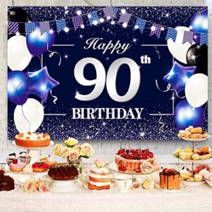 P.G Collin Happy 90th Birthday Banner Backdrop Sign Background 90 Birthday Party Decorations Supplies for Him Men 6 x 4ft, Blue White 90