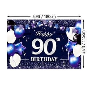 P.G Collin Happy 90th Birthday Banner Backdrop Sign Background 90 Birthday Party Decorations Supplies for Him Men 6 x 4ft, Blue White 90