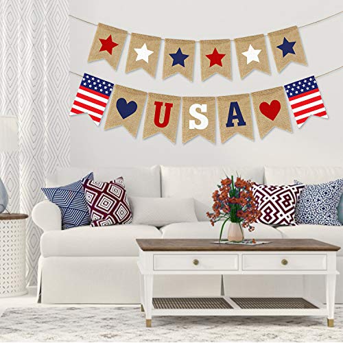 USA Banner Burlap- 4th of July Decorations- Rustic Patriotic Banner -Red White Blue Stars Bunting Garland for President Day- 4th of July Party Supplies- 4th of July Patriotic Outdoor Indoor hanging Decor