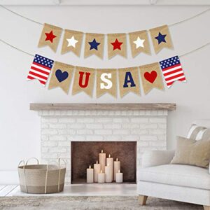 USA Banner Burlap- 4th of July Decorations- Rustic Patriotic Banner -Red White Blue Stars Bunting Garland for President Day- 4th of July Party Supplies- 4th of July Patriotic Outdoor Indoor hanging Decor