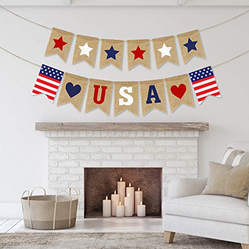 USA Banner Burlap- 4th of July Decorations- Rustic Patriotic Banner -Red White Blue Stars Bunting Garland for President Day- 4th of July Party Supplies- 4th of July Patriotic Outdoor Indoor hanging Decor