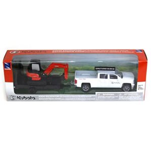 New Ray New 10" NEWRAY KUBOTA Collection - Kubota KX040 Excavator with White Ford F-250 Super Duty Pickup & Trailer (Orange, Black) Model Toys