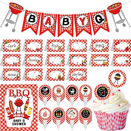 42 Pieces of BabyQ Baby Shower Party Decorations BabyQ Banner BabyQ Bar Sign Picnic Party Decorations BabyQ Food Tent Cards Label for Gender Reveal Picnic Barbecue Baby Shower Birthday Party Supplies