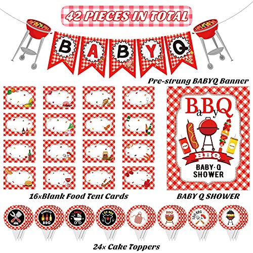 42 Pieces of BabyQ Baby Shower Party Decorations BabyQ Banner BabyQ Bar Sign Picnic Party Decorations BabyQ Food Tent Cards Label for Gender Reveal Picnic Barbecue Baby Shower Birthday Party Supplies