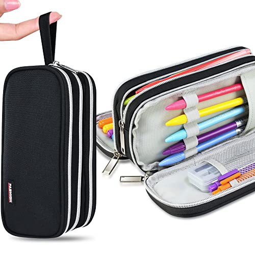 Vakoo Pencil Case, Big Capacity Pencil Pouch with 3 Compartments, Stationery Storage Box Makeup Bag School Office Supplies for Girls, Boys, Teenagers, Students - Black