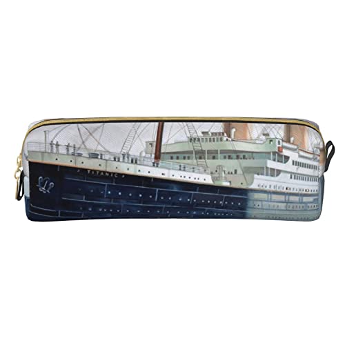 Titanic Leather Pencil Case Bag with Zipper Women Makeup Bag Durable Portable Suitable for School Work and Office 8.3 x 2.2 In