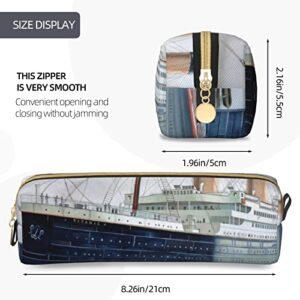 Titanic Leather Pencil Case Bag with Zipper Women Makeup Bag Durable Portable Suitable for School Work and Office 8.3 x 2.2 In